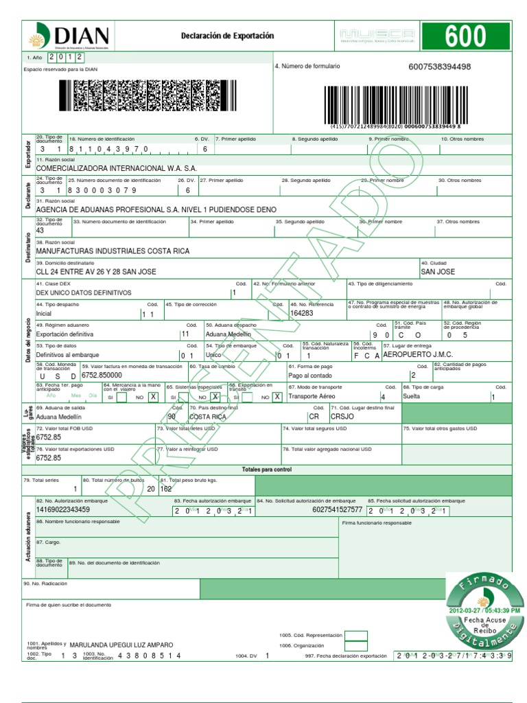 Documento de Exportacion | PDF | aduana | Economias Documento de Exportacion | PDF | aduana | Economias