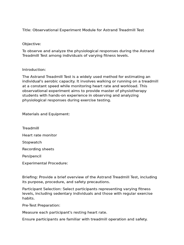 Astrand Treadmill Test for Physiotherapy Students | PDF | Heart Rate ...