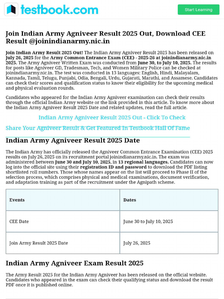 Join Indian Army Agniveer Result 2025 Out, Download CEE Result @joinindianarmy - Nic.in | PDF