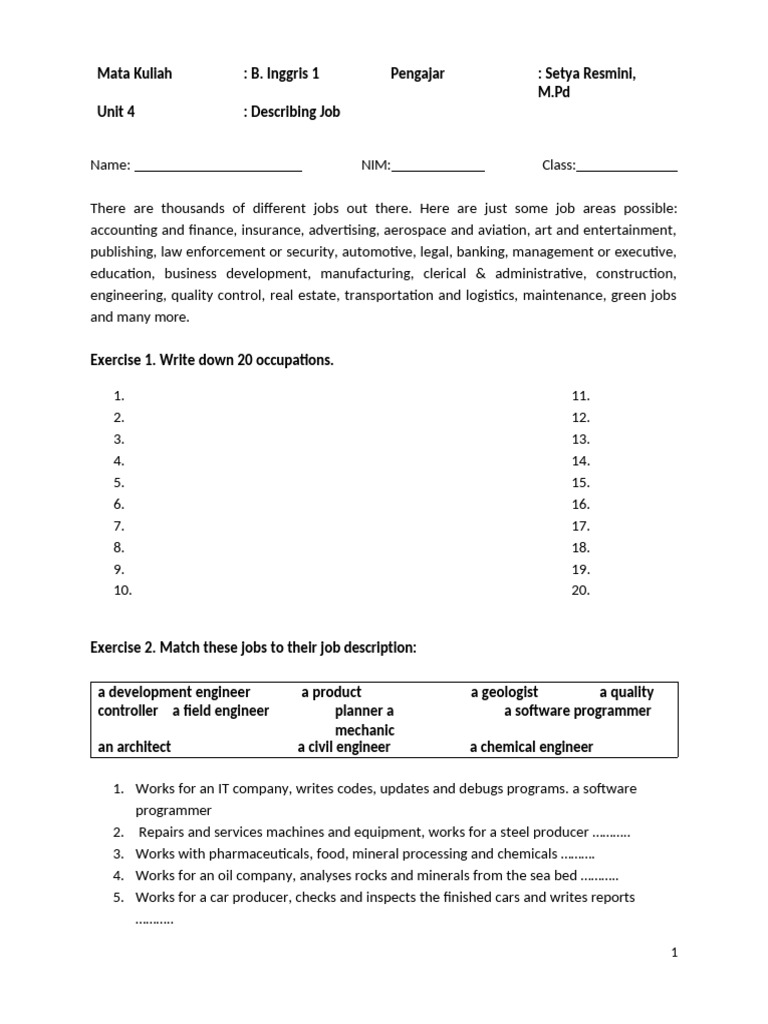 Job Description Worksheets | PDF | Linguistics | Syntax