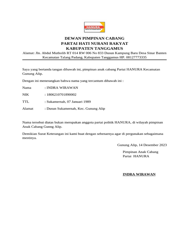 Surat Keterangan Keanggotaan HANURA | PDF