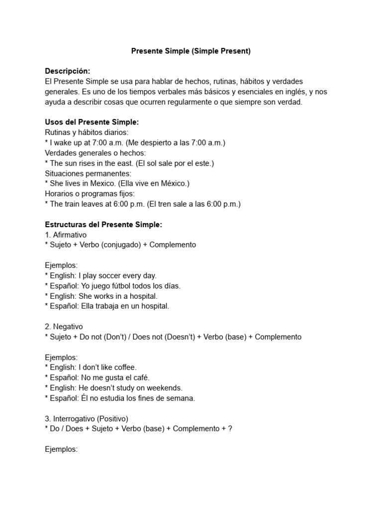 Usos del Presente Simple en Inglés | PDF | Verbo | Asunto (gramática)