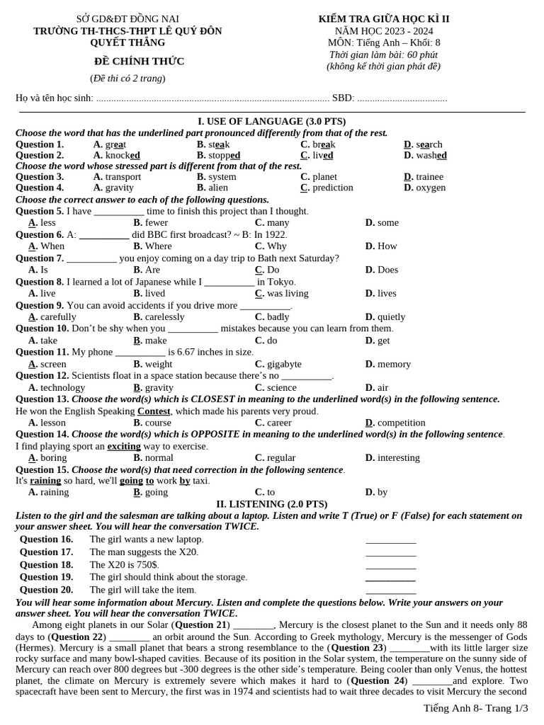 Anh8 - GHK2 - 2023-2024 - de Goc | PDF | Mercury (Planet) | Planets
