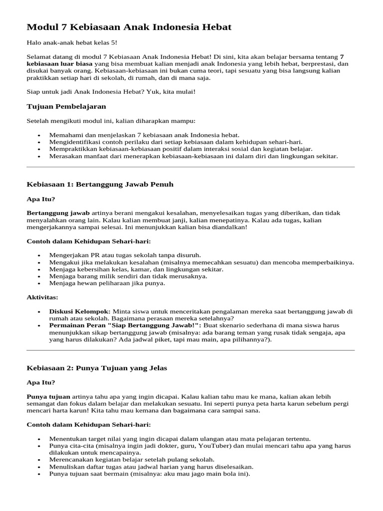 Modul 7 Kebiasaan Anak Indonesia Hebat Kelas 5 | PDF