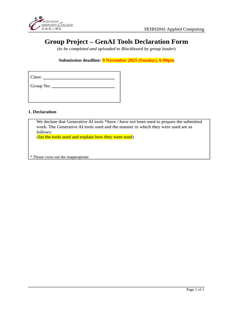 GenAI Tools Declaration Form | PDF