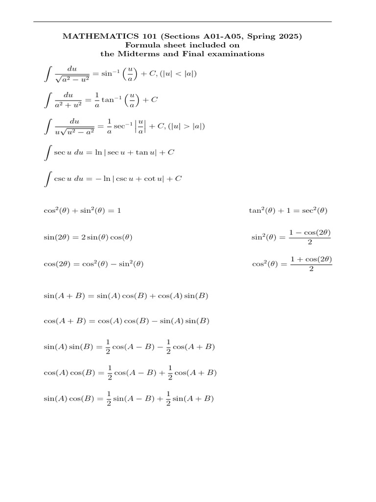 Mathematics 101 Formula Sheet Guide | PDF