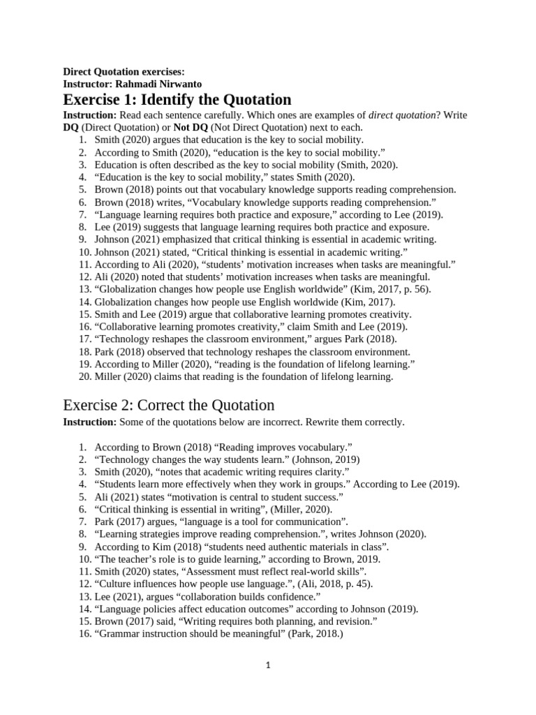 Direct Quotation Exercises Guide | PDF | Reading Comprehension | Learning