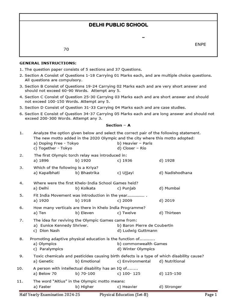 SamplePaper XI 11 Physical Education Set B 133940101229107335 | PDF ...