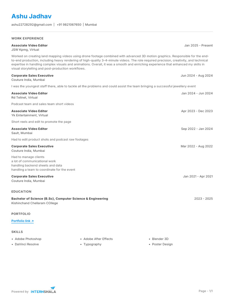 AshuJadhav InternshalaResume | PDF | 3 D Computer Graphics | Computing