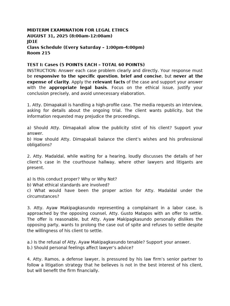 Legal Ethics Midterm Exam Questions | PDF | Lawyer | Confidentiality