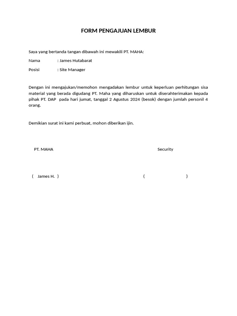 Form Pengajuan Lembur | PDF