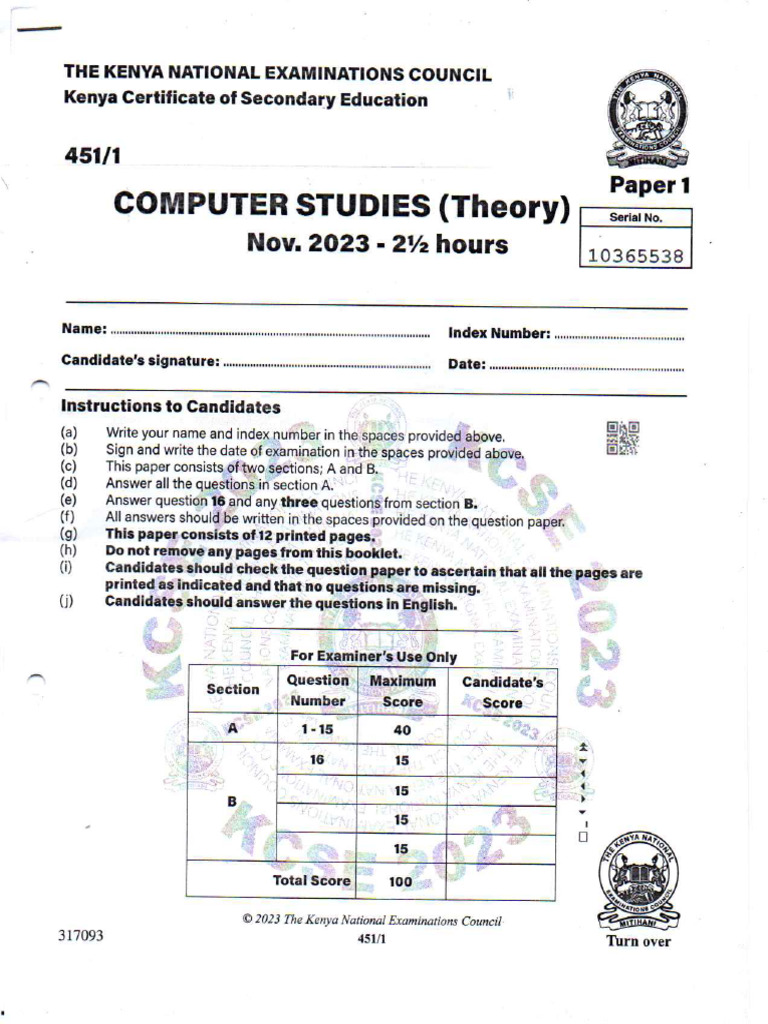 Computer Studies Paper 1 | PDF