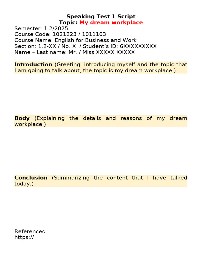 Worksheet For Speaking Test 1 Script - My Dream Workplace | PDF
