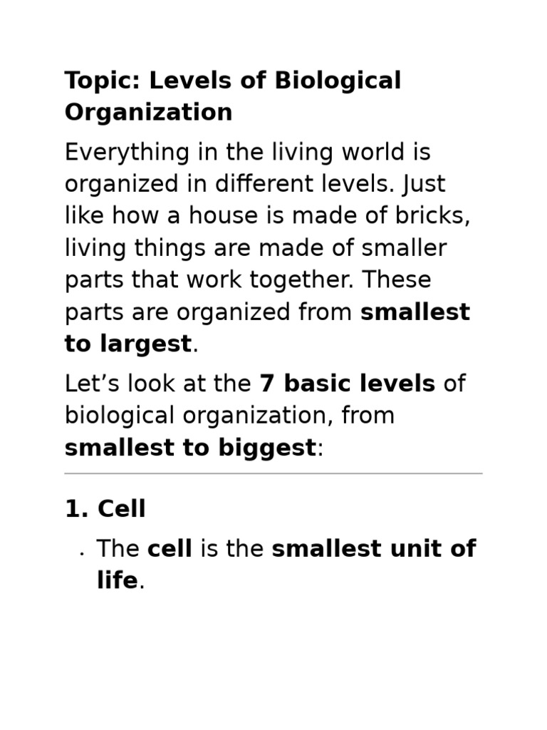 Week 3 (Levels of Biological Organization) | PDF | Human Body | Tissue ...