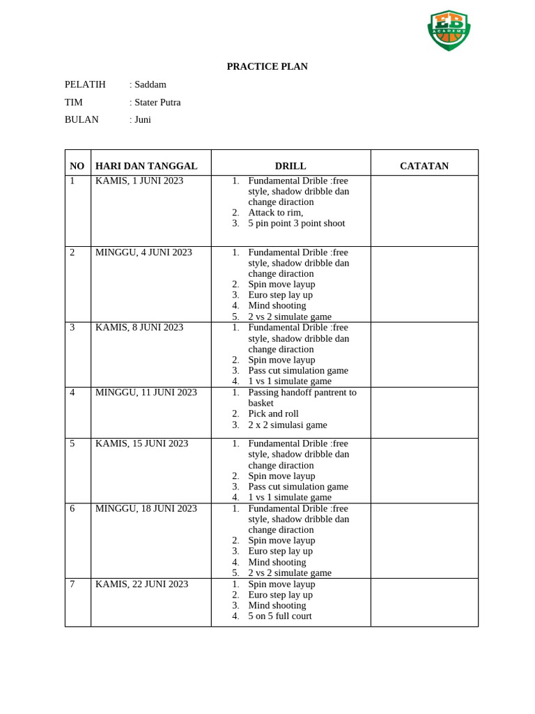 Practice Plan Eb Juni - Okt | PDF | Team Sports | Games Of Physical Skill