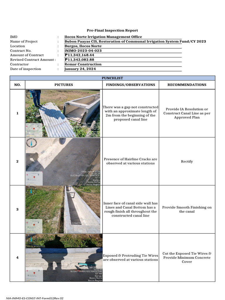 Pre-Final Inspection Report Summary | PDF | Concrete | Civil Engineering