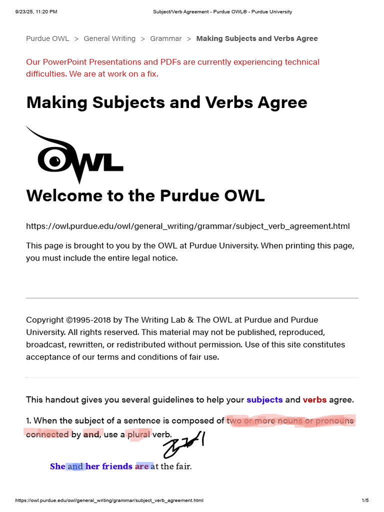 Subject - Verb Agreement - Purdue OWL® - Purdue University | PDF | Grammatical Number | Subject ...