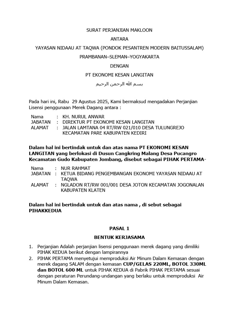 Surat Perjanjian Makloon Salam Water | PDF