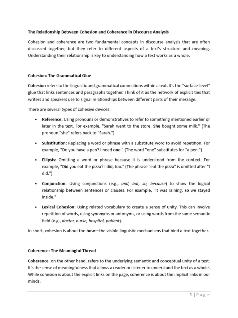 The Relationship Between Cohesion and Coherence in Discourse Analysis | PDF | Semantics | Word