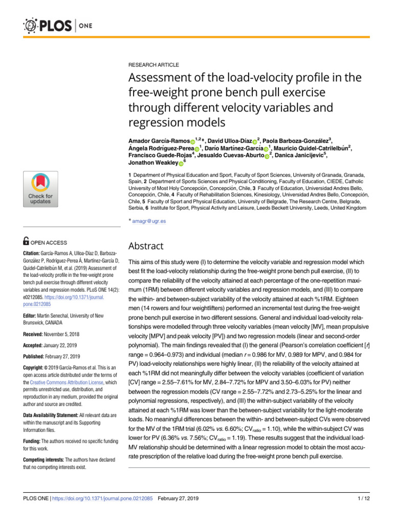 Load-Velocity Profile in Bench Pull Exercise | PDF | Coefficient Of ...