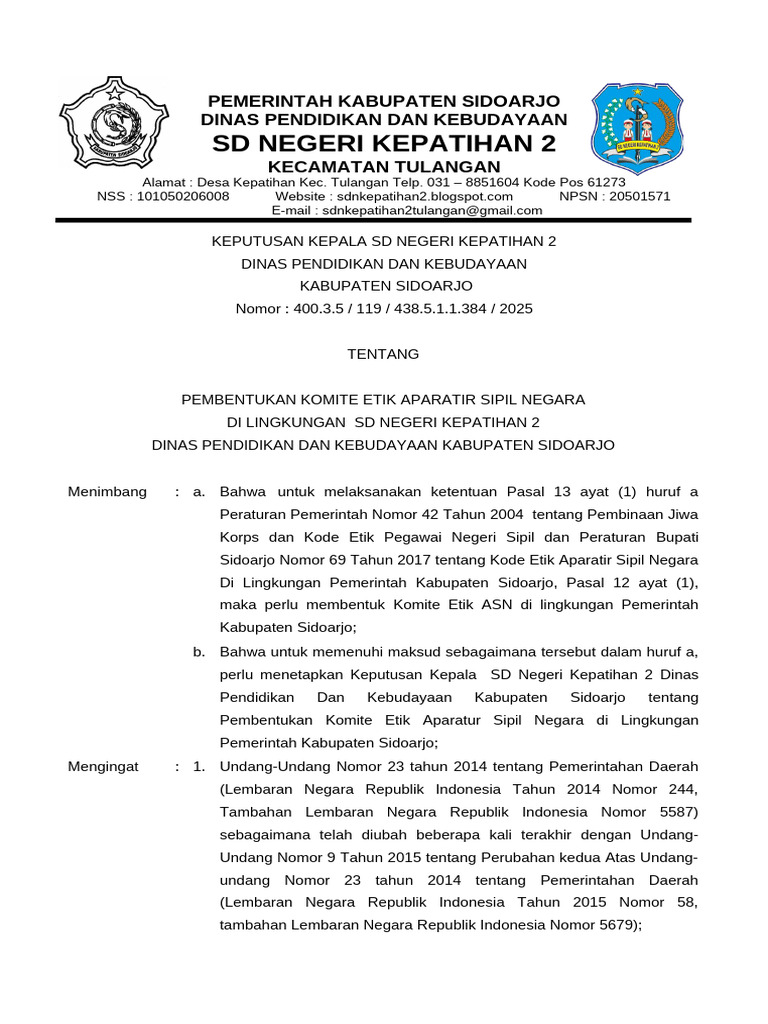 SK - KOMITE - ETIK Sekolah - SDN KEMANTREN 1 - TULANGAN | PDF