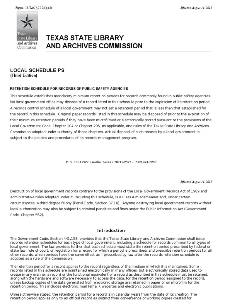 Public Safety Records Retention Schedule | PDF | Arrest | Prison