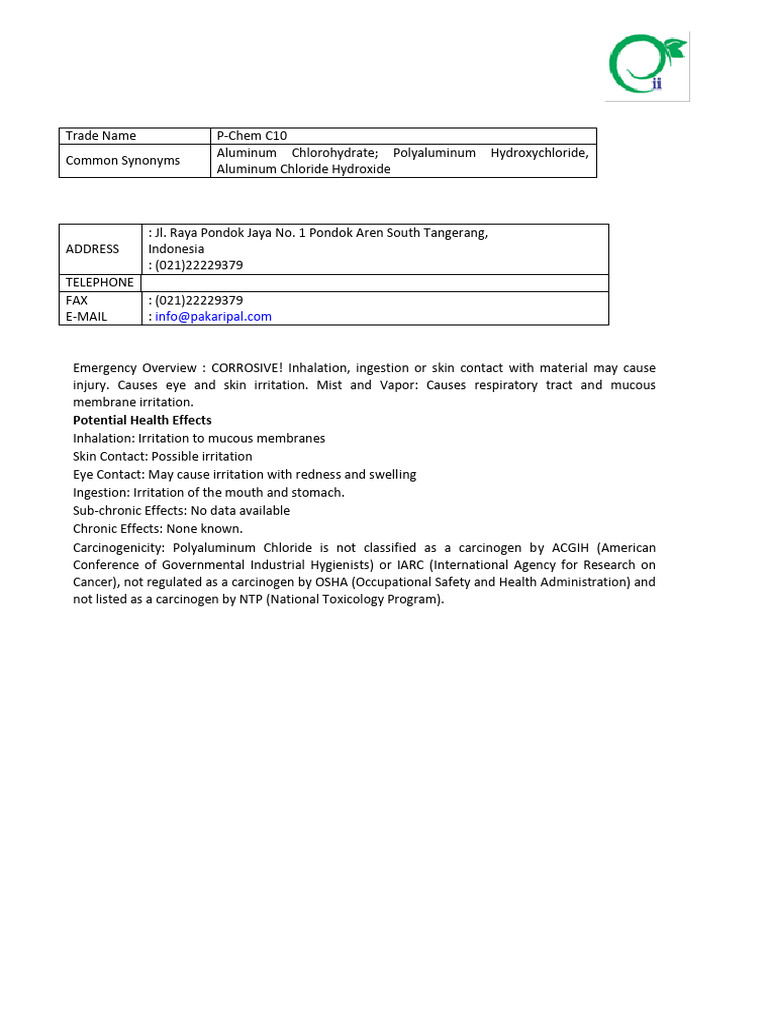 Msds - P-Chem c10 - Pac - PT Pakar Ipal Indonesia | PDF | Aluminium | Hydroxide