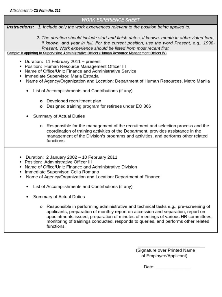 ANNEX H 2 CS Form No. 212 Attachment Work Experience Sheet | PDF | Finance & Money Management