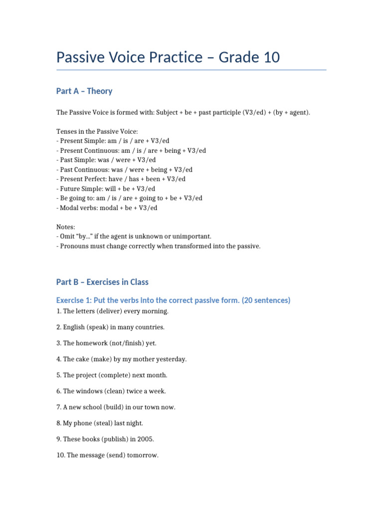 Grade 10 Passive Voice Practice | PDF | Perfect (Grammar) | Languages