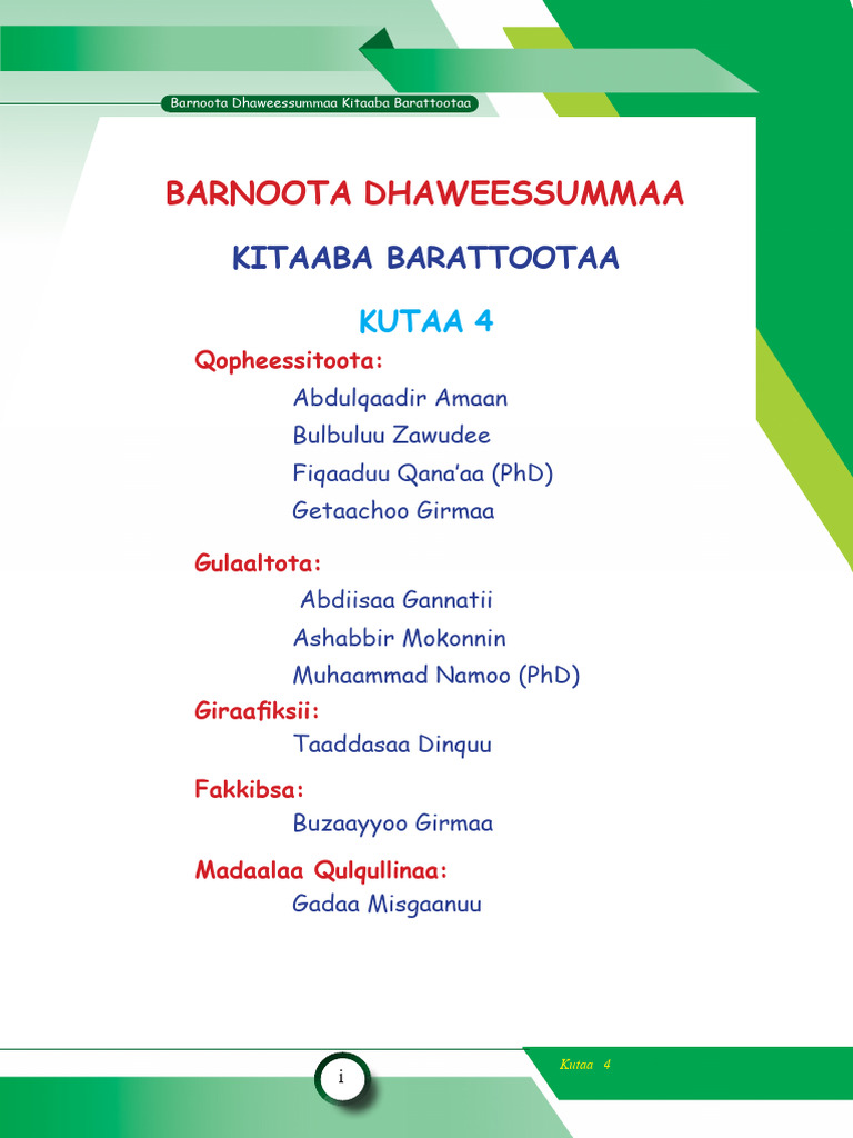 Barnoota Dhaweessummaa KB Kutaa 4 Sep 18 2024 Final | PDF