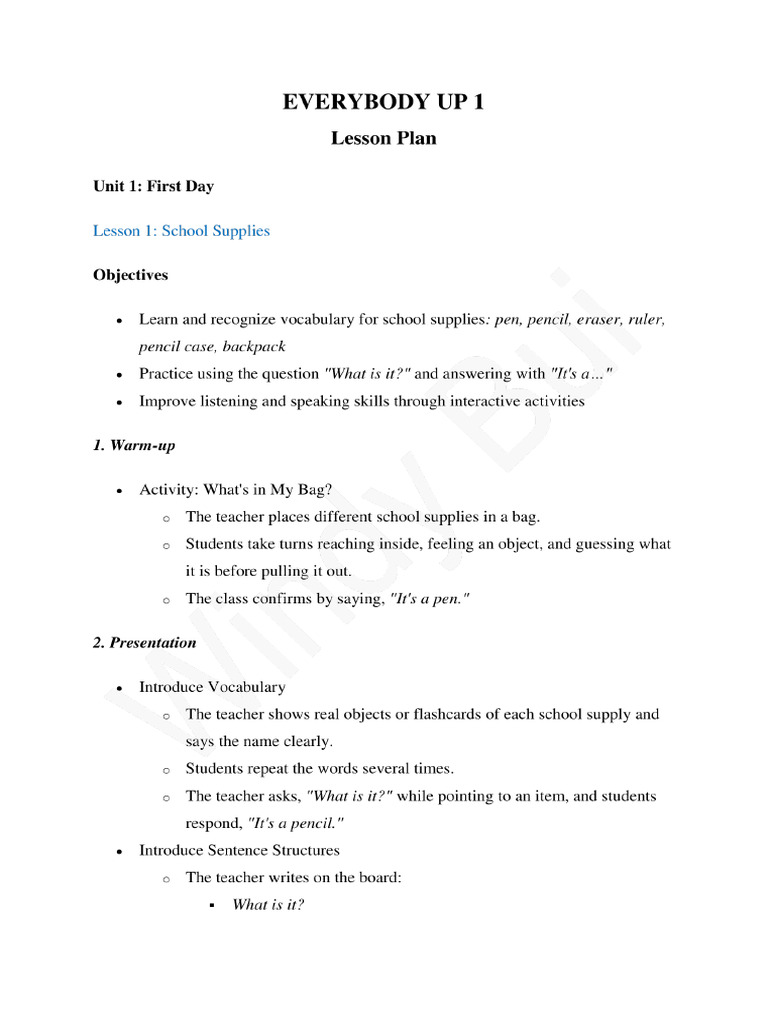 Everybody Up 1 Lesson Plan 1 (L) | PDF