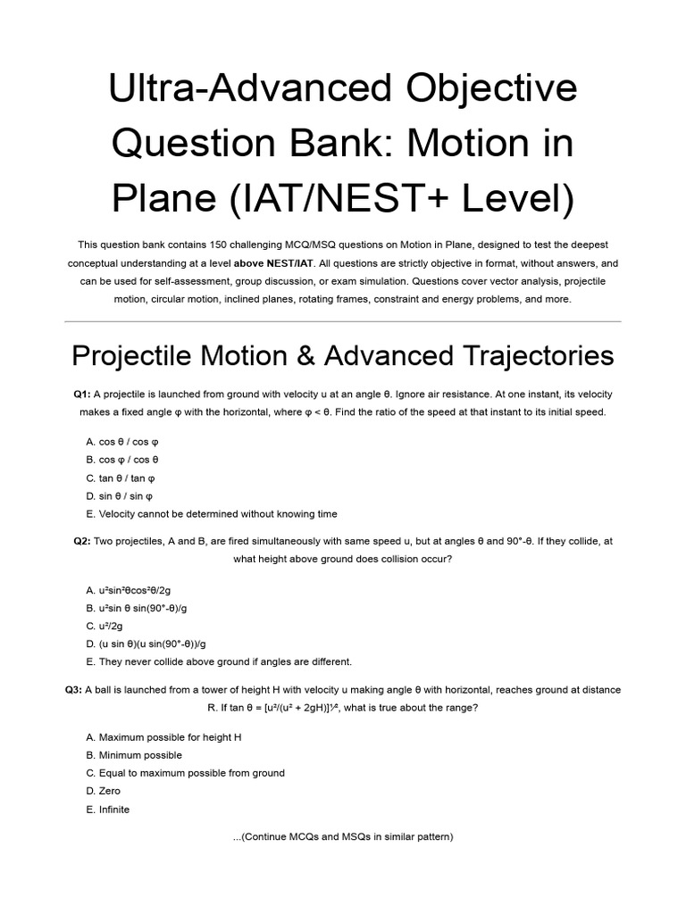 Ultra-Advanced Objective Question Bank: Motion in Plane (IAT/NEST+ Level) | PDF