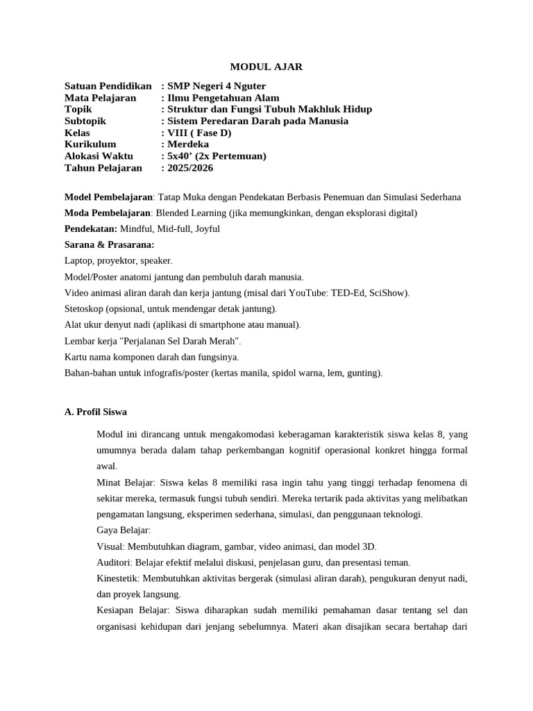 Modul Ajar Sistem Peredaran Darah Pada Manusia | PDF