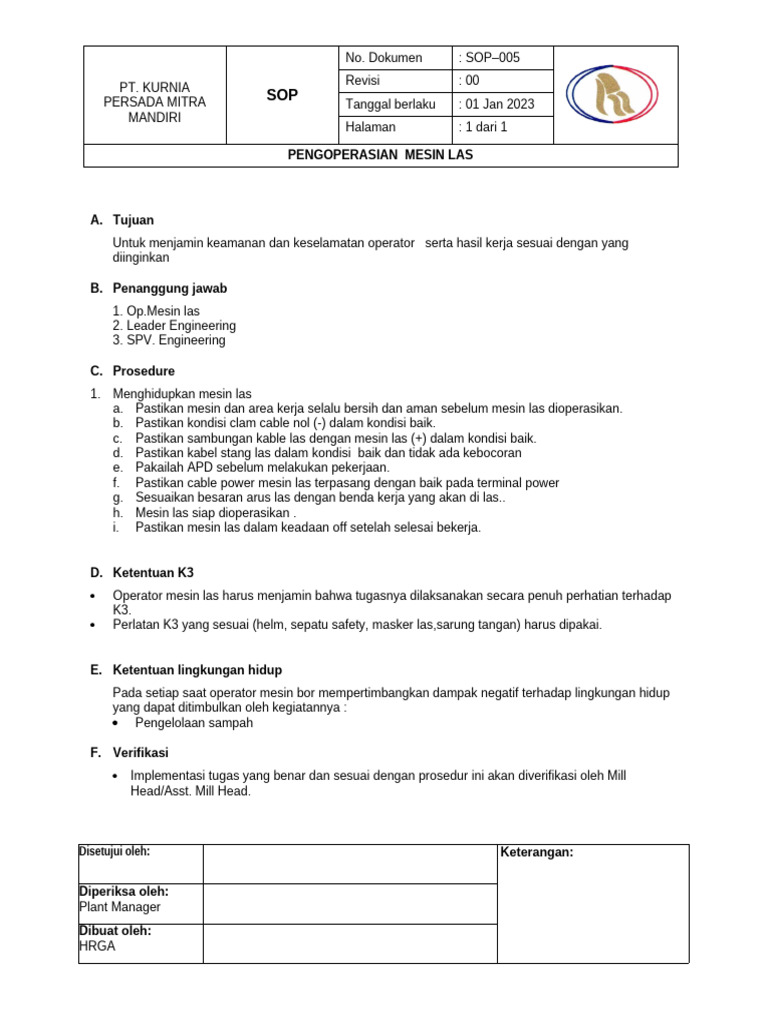 SOP Pengoperasian Mesin Las K3 dan Lingkungan | PDF