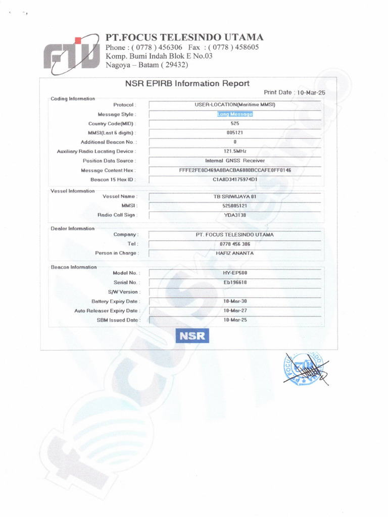 Epirb Program Certificate Tb. Sriwijaya 01 | PDF