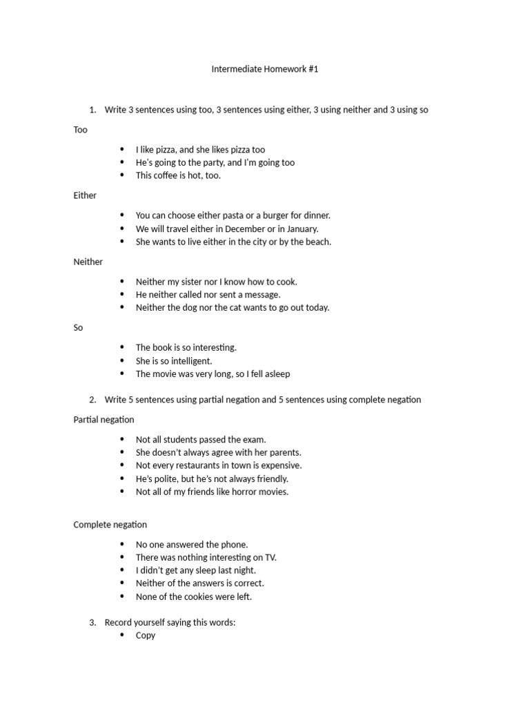 Intermediate Homework on Sentence Structure | PDF