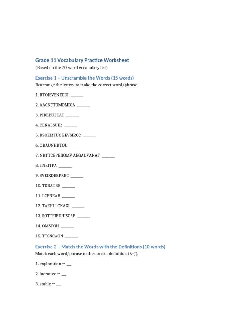 Grade11 Vocabulary Worksheet With Answers | PDF
