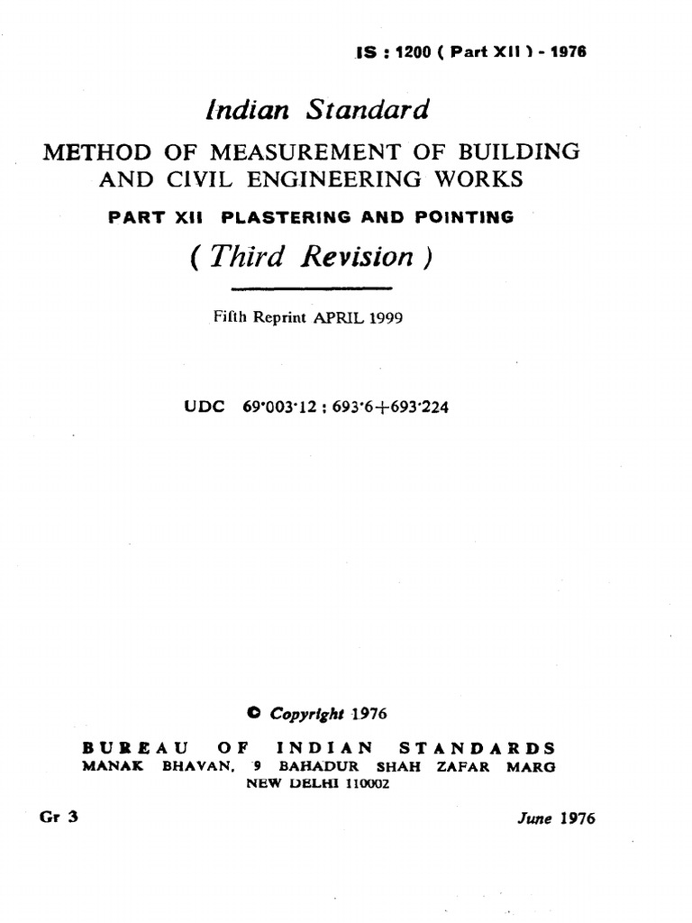 IS 1200 Part XII: Plastering Guidelines | PDF | Length | Area