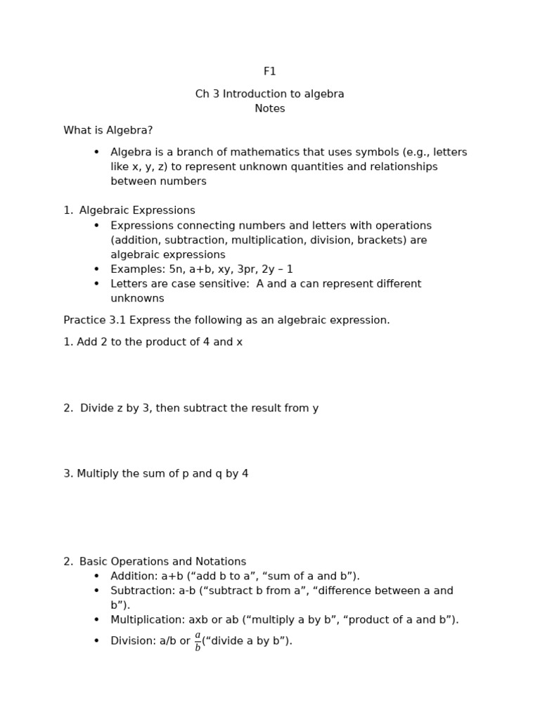 Ch3 Intro To Algebra Notes | PDF | Multiplication | Algebra