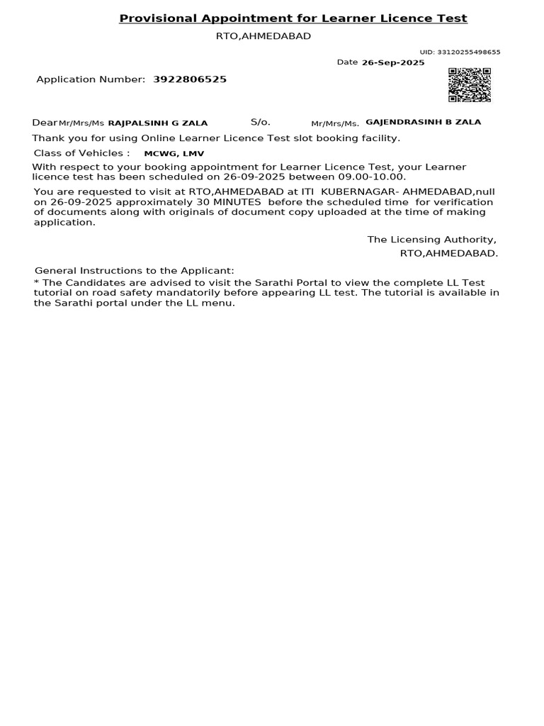 Provisional Appointment For Learner Licence Test | PDF