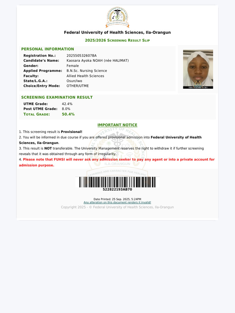 FUHSI 2025 Nursing Screening Result | PDF