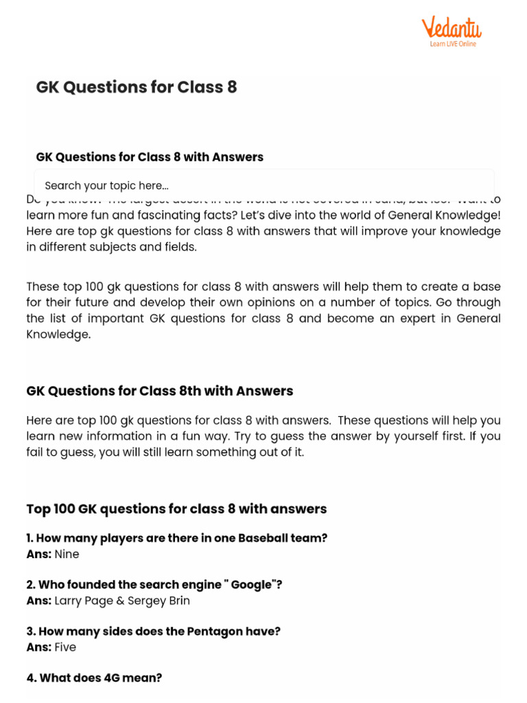 GK Questions For Class 8 | PDF