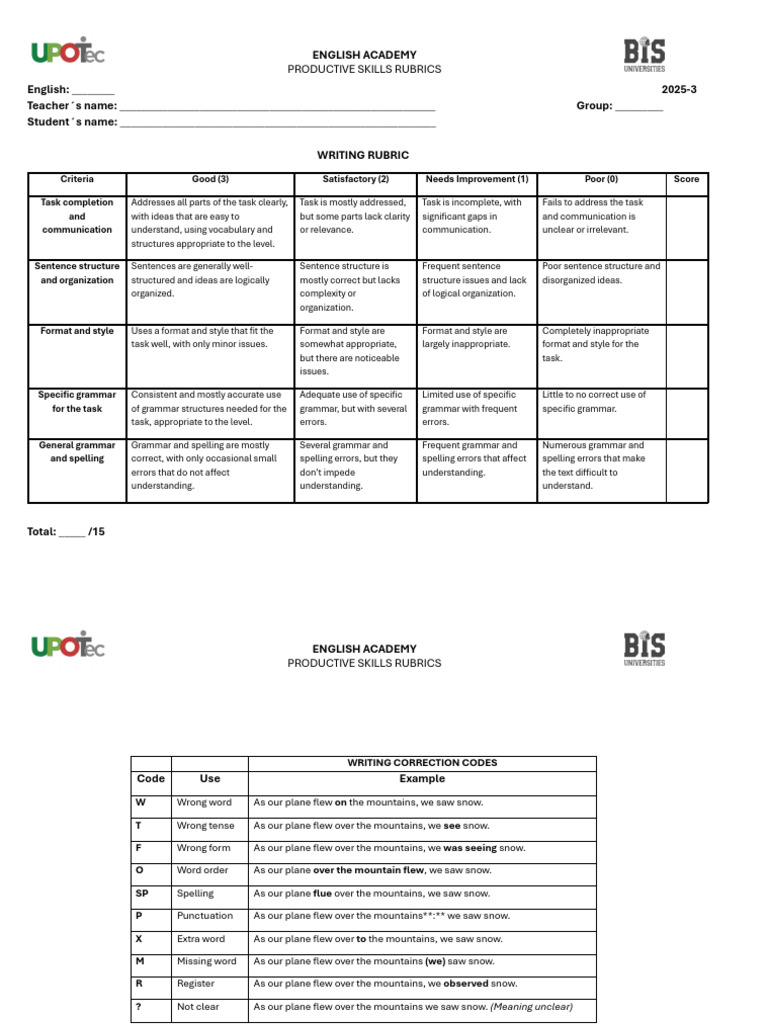 Productive Skills Rubrics-2025-3 | PDF | Vocabulary | Speech