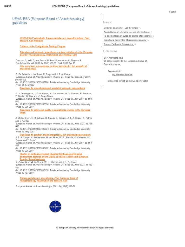 UEMS - EBA (European Board of Anaesthesiology Guidelines | PDF ...