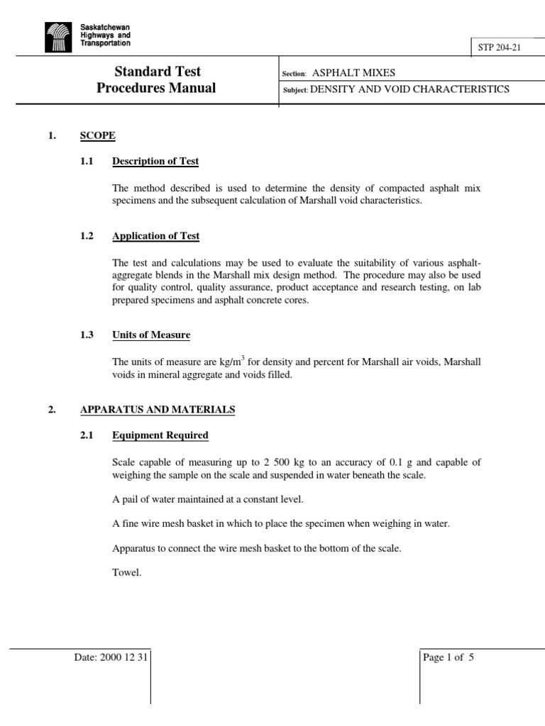 Standard Test Procedures Manual: 1. Scope 1.1 Description of Test | PDF ...