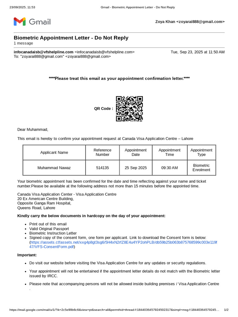 Biometric Appointment Confirmation Email | PDF | Travel Visa ...