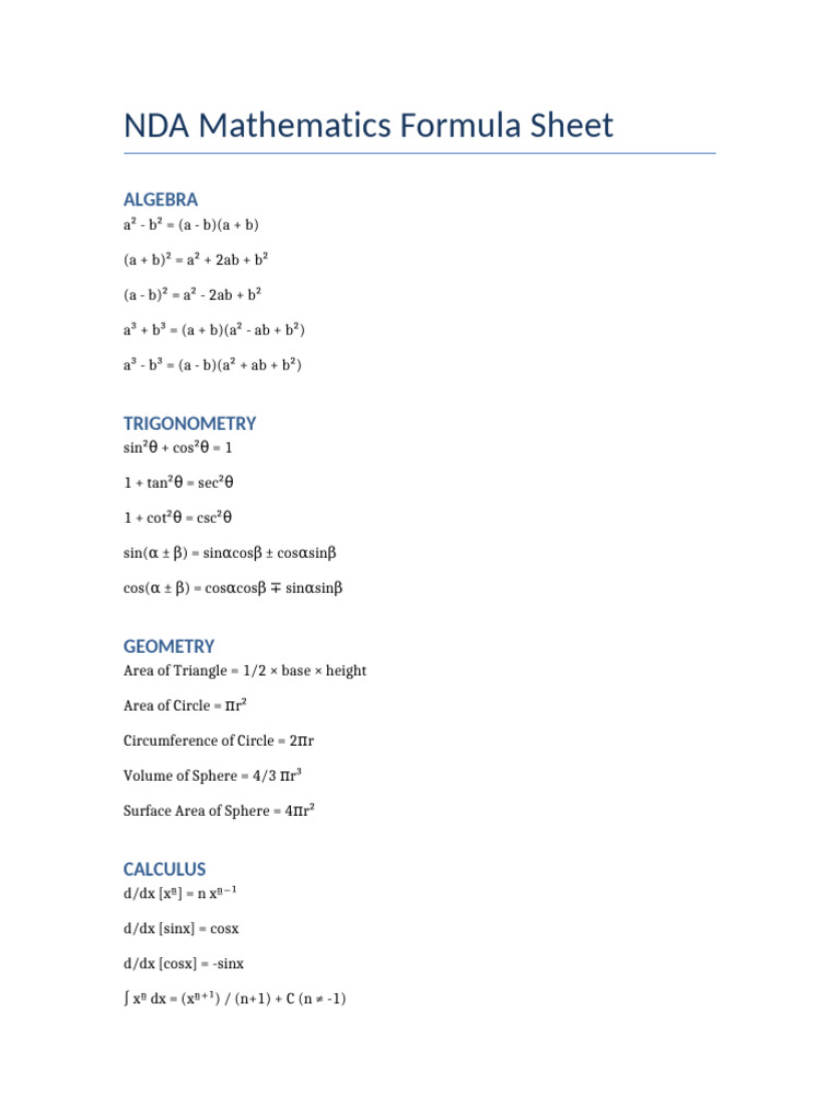 NDA Mathematics Formula Sheet | PDF