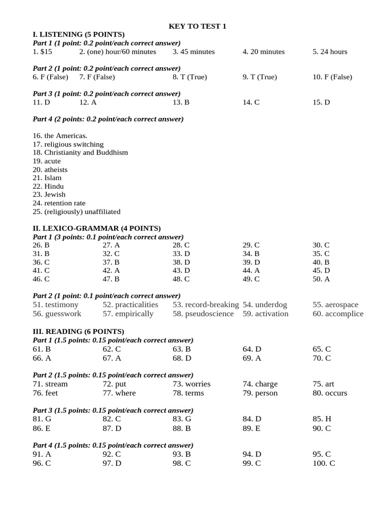 Key To Test 1 | PDF