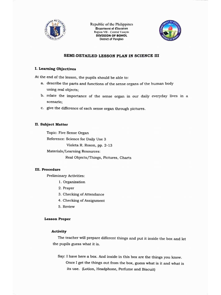 Lesson Plan Five Sense Organ | PDF