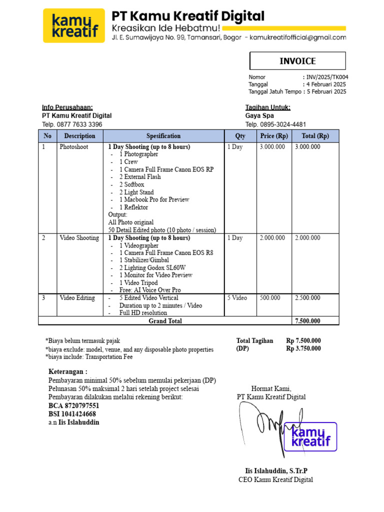 Invoice Photo & Video Treatment Gaya Spa | PDF | Optical Devices ...
